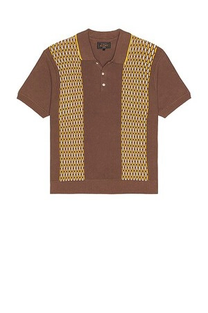 BEAMS Knit Polo Front Stripe Jacquard - Brown