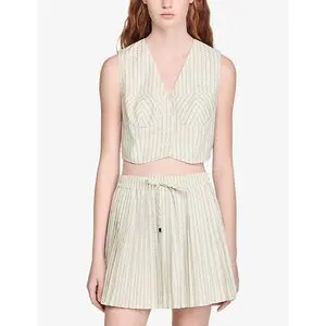 Sandro Striped Rhinestone Embellished Cropped Woven Top