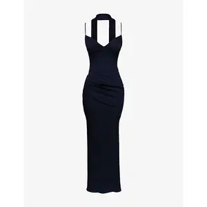 House Of Cb Freya V-neck Satin Maxi Dress - Navy