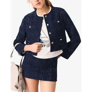 Maje Cropped Tweed Textured Jacket With Sequins