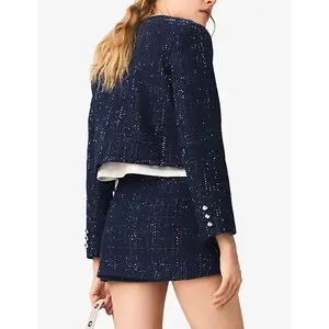 Maje Cropped Tweed Textured Jacket With Sequins