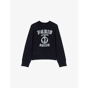 Maje Paris Slogan Round Neck Woven Jumper - Navy