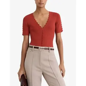 REISS Marcy Scalloped-trim Knitted Top - Rust Red
