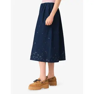 Maje Flared Sequin-embroidered Denim Midi Skirt - Navy