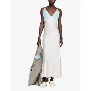 Sandro Satin Maxi Dress With Lace Trim
