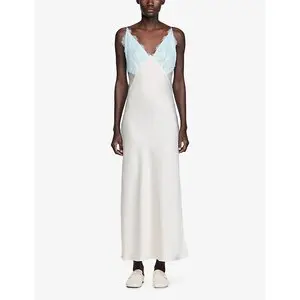 Sandro Satin Maxi Dress With Lace Trim