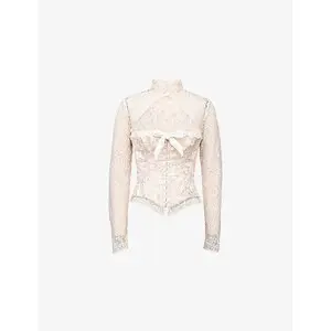 House Of Cb Metallic-jacquard Corset And Bolero Lace Top - Ivory