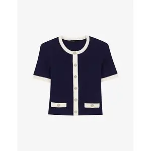 Maje Short-sleeved Contrast Trim Knitted Cardigan - Bleus