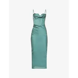 House Of Cb Corset Satin Maxi Dress - Pine