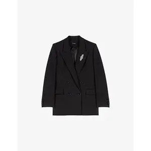 Maje Double-breasted Stretch Wool-blend Blazer With Removable Brooch