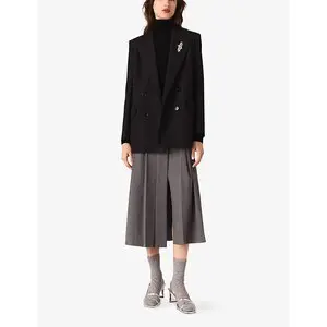 Maje Double-breasted Stretch Wool-blend Blazer With Removable Brooch