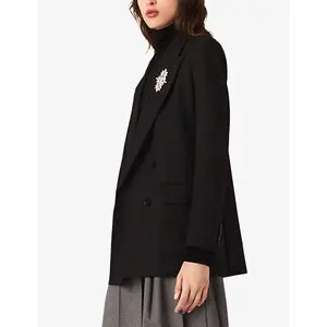 Maje Double-breasted Stretch Wool-blend Blazer With Removable Brooch