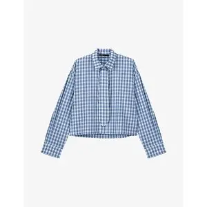 Maje Checked Cotton Shirt With Rhinestone Embellishments - Blue Check Print