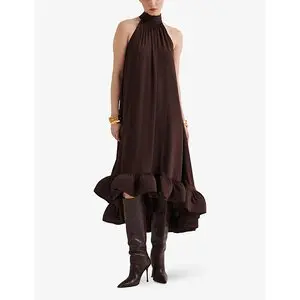 MALINA Sabrina Halter-neck Ruffled Woven Midi Dress - Chocolate