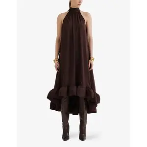 MALINA Sabrina Halter-neck Ruffled Woven Midi Dress - Chocolate
