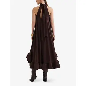 MALINA Sabrina Halter-neck Ruffled Woven Midi Dress - Chocolate
