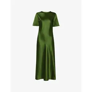 Whistles Avery Twist-back Short-sleeve Satin Midi Dress - Green