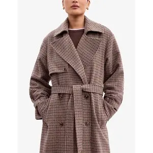 RO&ZO Houndstooth Double-breasted Wool-blend Trench Coat