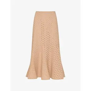 Whistles Broderie Fluted Hem Midi Skirt - Tan