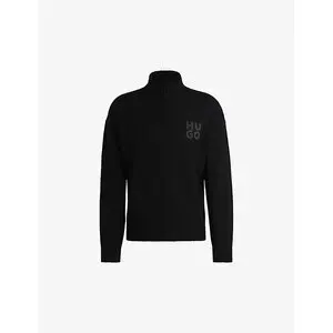Hugo Logo-print Roll-neck Wool-blend Jumper - Black