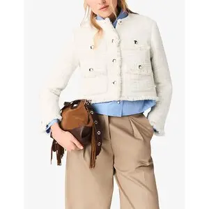 Maje Cropped Tweed Jacket With Frayed Trim