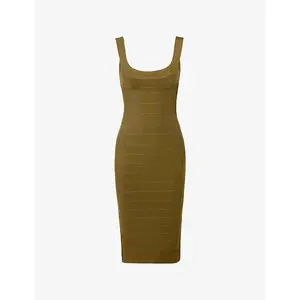House Of Cb The Sculpt Halter-neck Bandage Stretch-woven Midi Dress - Olive