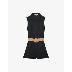 REISS Belted Waist Linen Playsuit - Navy