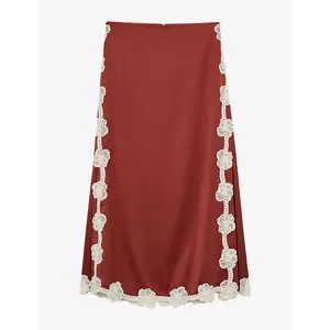 REISS Floral Lace Midi Skirt - Rust Orange