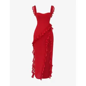 House Of Cb Ariela Ruffle Trim Woven Maxi Dress - Cherry