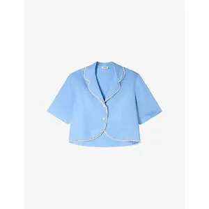 Sandro Cropped Beaded-trim Cotton Shirt - Blue