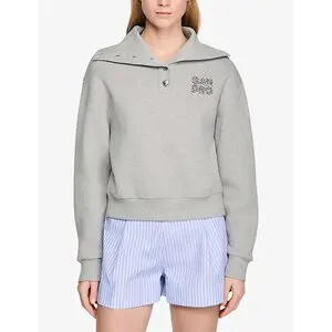 Sandro Embroidered Split-neck Cotton-blend Sweatshirt - Grey