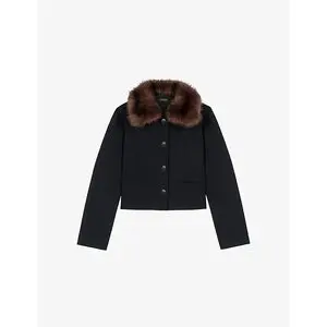 Maje Short Removable-collar Stretch Wool-blend Jacket