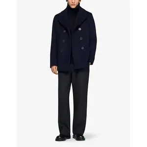 Sandro Double-breasted Peak-lapel Wool-blend Coat - Bleus