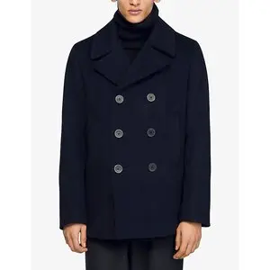 Sandro Double-breasted Peak-lapel Wool-blend Coat - Bleus