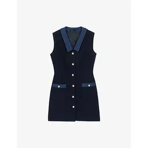Maje Denim-trim Sleeveless Tweed Mini Dress - Navy