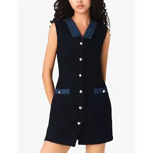 Maje Denim-trim Sleeveless Tweed Mini Dress - Navy