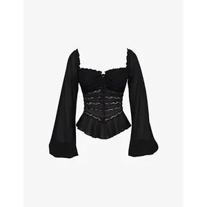 House Of Cb Cara Long-sleeve Georgette Peplum Top - Black