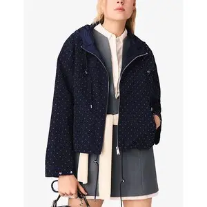 Maje Rhinestone Embellished Hooded Windbreaker Jacket - Navy