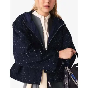 Maje Rhinestone Embellished Hooded Windbreaker Jacket - Navy