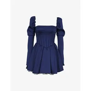 House Of Cb Satin Mini Dress With Puff Sleeves - Midnight
