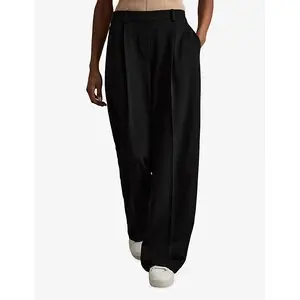 REISS Eden Elasticated-waist Wide-leg Twill Trousers - Black
