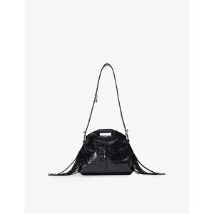 Maje Leather Shoulder Bag With Logo Charm And Fringe - Black
