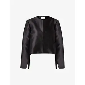 MALINA Ruthie Round-neck Long-sleeve Cropped Satin Blouse - Black