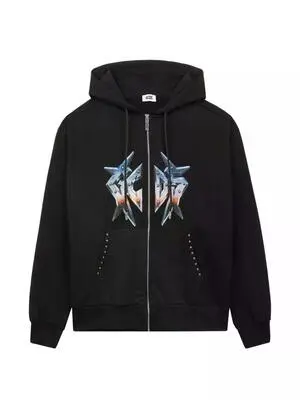 Gcds Graphic-print Zip-up Cotton Hoodie - Black