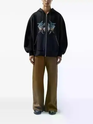 Gcds Graphic-print Zip-up Cotton Hoodie - Black