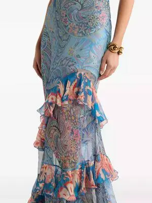 Etro Long Silk Dress With Ruffles And Floral Motif - Blue
