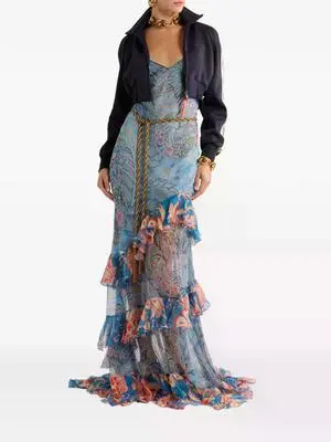 Etro Long Silk Dress With Ruffles And Floral Motif - Blue