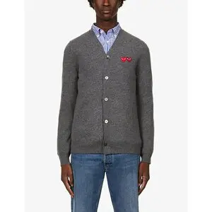 Play Comme Des Garcon Logo-embroidered V-neck Wool Cardigan - Grey