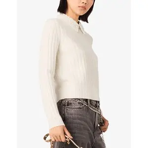 Maje Embellished Collar Ribbed Wool-blend Jumper - Ecru