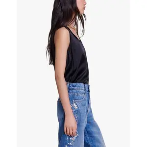 Maje Round Neck Sleeveless Stretch-silk Top - Noir / Gris